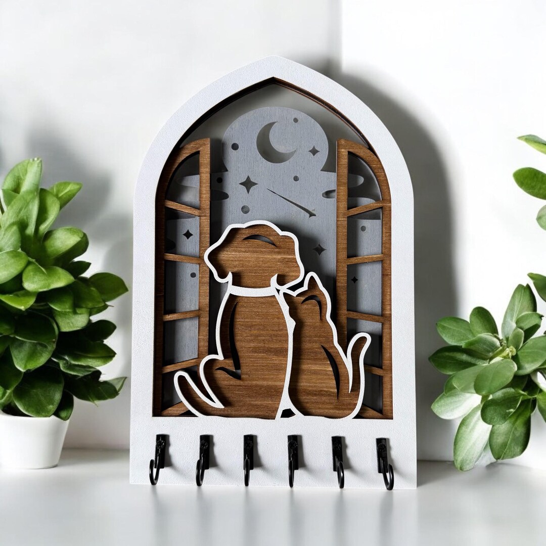 Pet Lover Key Holder – Dog and Cat Silhouette Wall Hook, Leash and Key ...