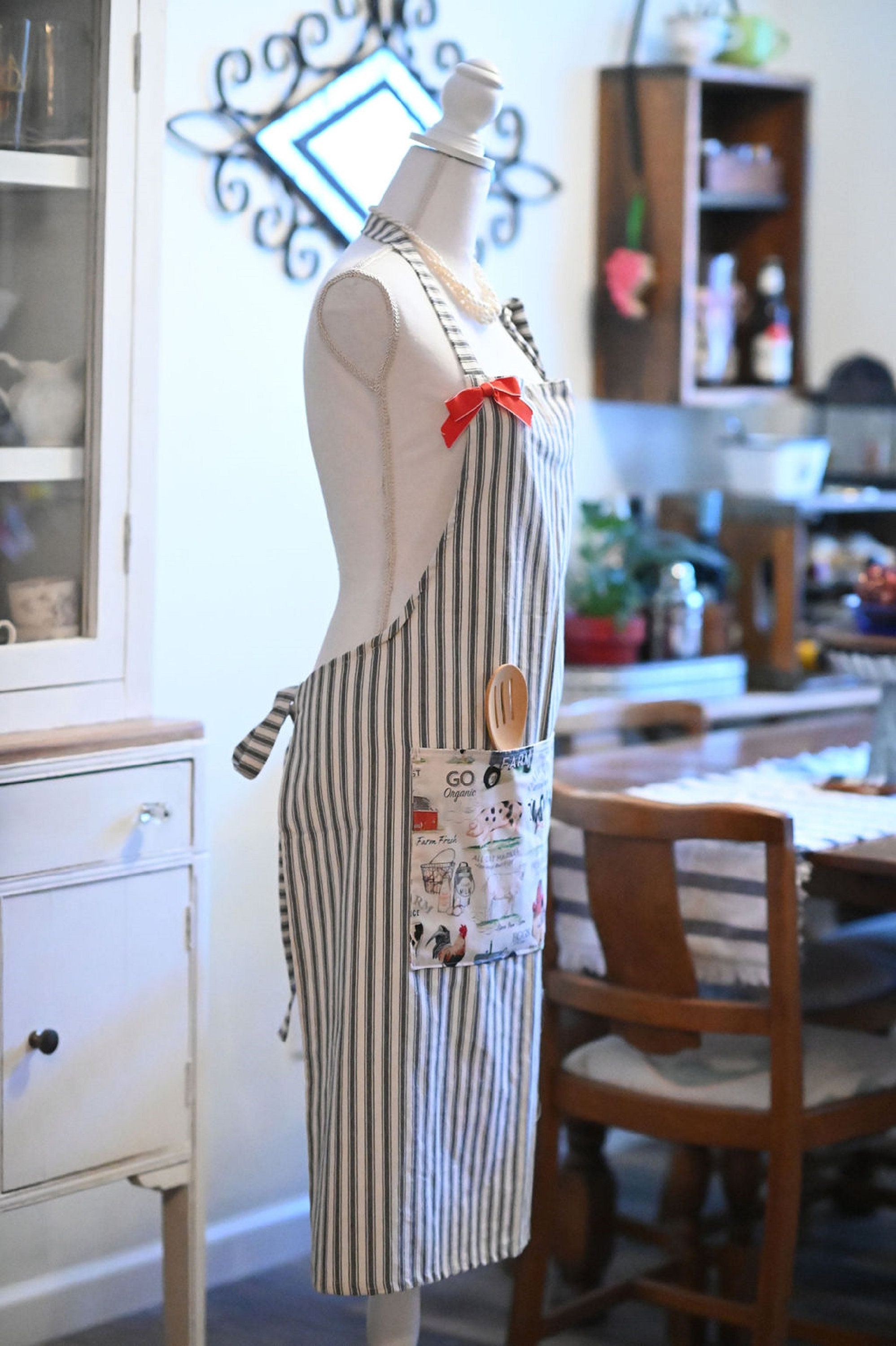 Gray and White Striped Full Apron With on the Farm Pocket - Etsy