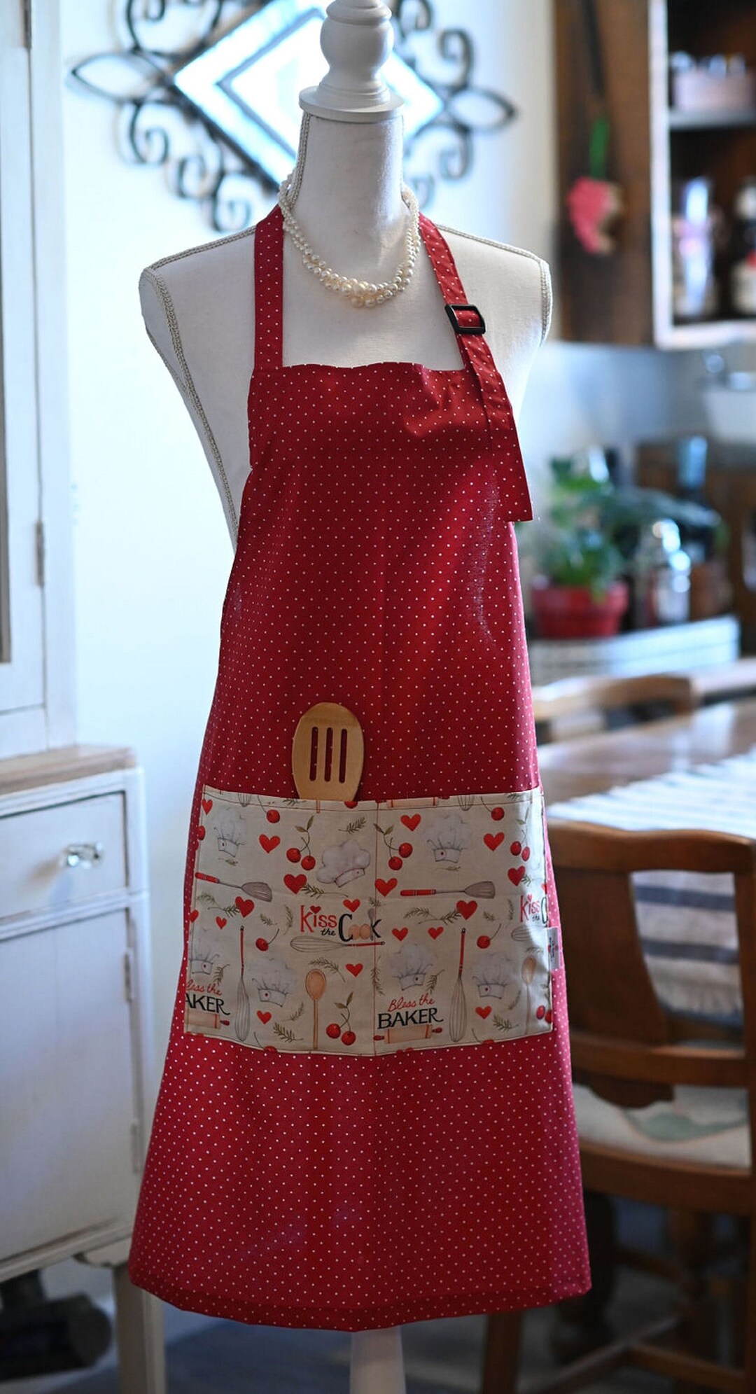 Red & White Polk -A- Dot Full Apron With Kiss the Cook Pocket - Etsy