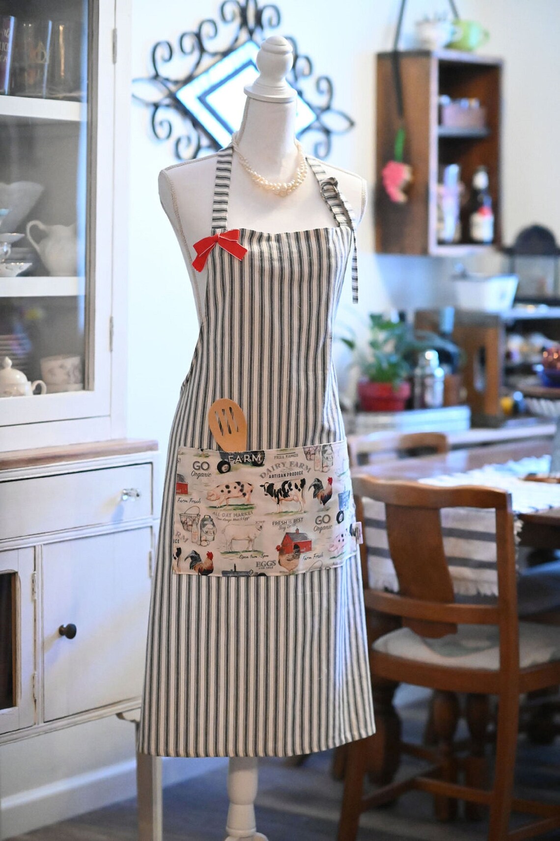 Gray and White Striped Full Apron With on the Farm Pocket - Etsy