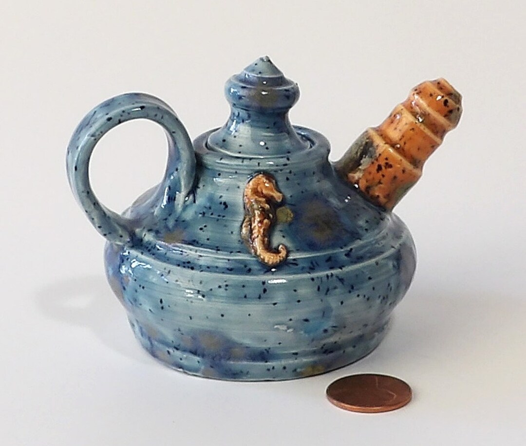 Miniature Blue Teapot, Hand Thrown, Non Pouring, Lid Comes Off, Pulled ...