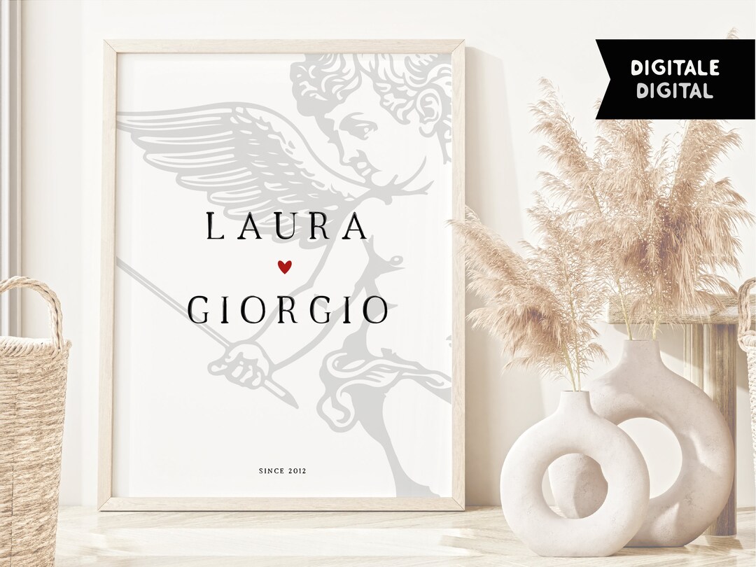 Print With Stylized Cupid and Your Names in the Foreground With a Small ...