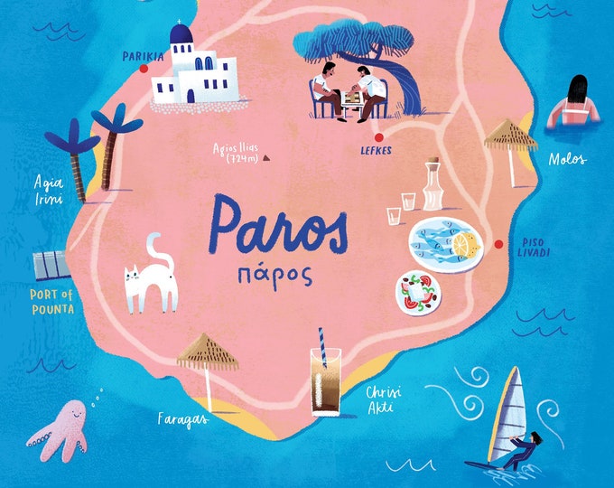 Illustrated Map Paros, Greece, Greek Island, Paros Map, Parikia ...