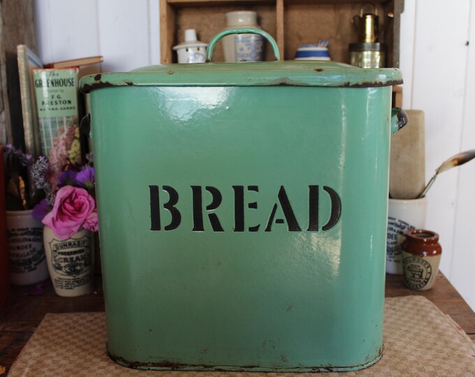 Vintage Enamel Bread Box, Rare Pastel Green Vintage Enamel Bread Box ...