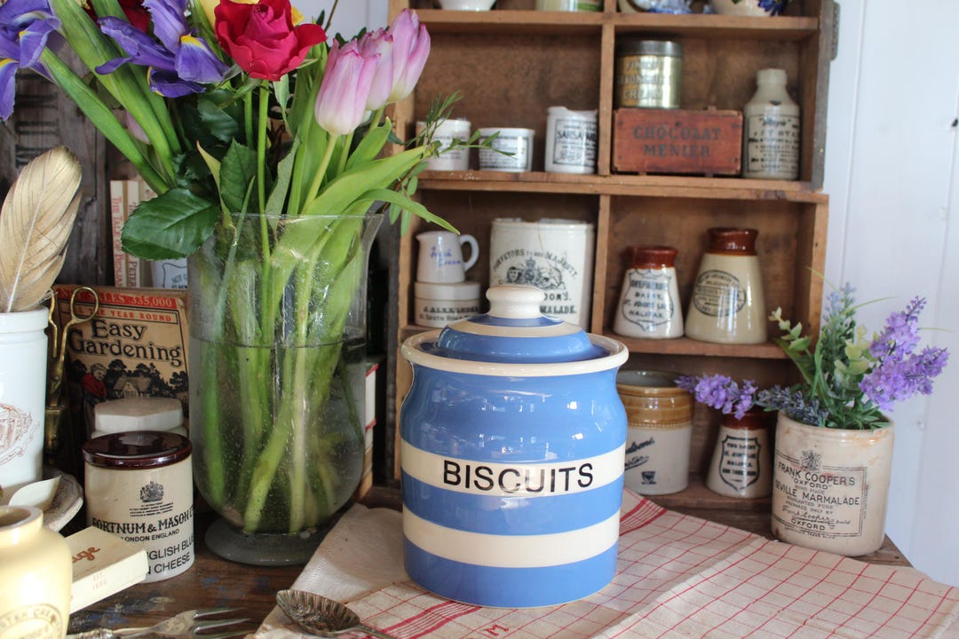 Rare TG Green Cornishware Biscuit Barrel: Blue & White Kitchen Storage ...
