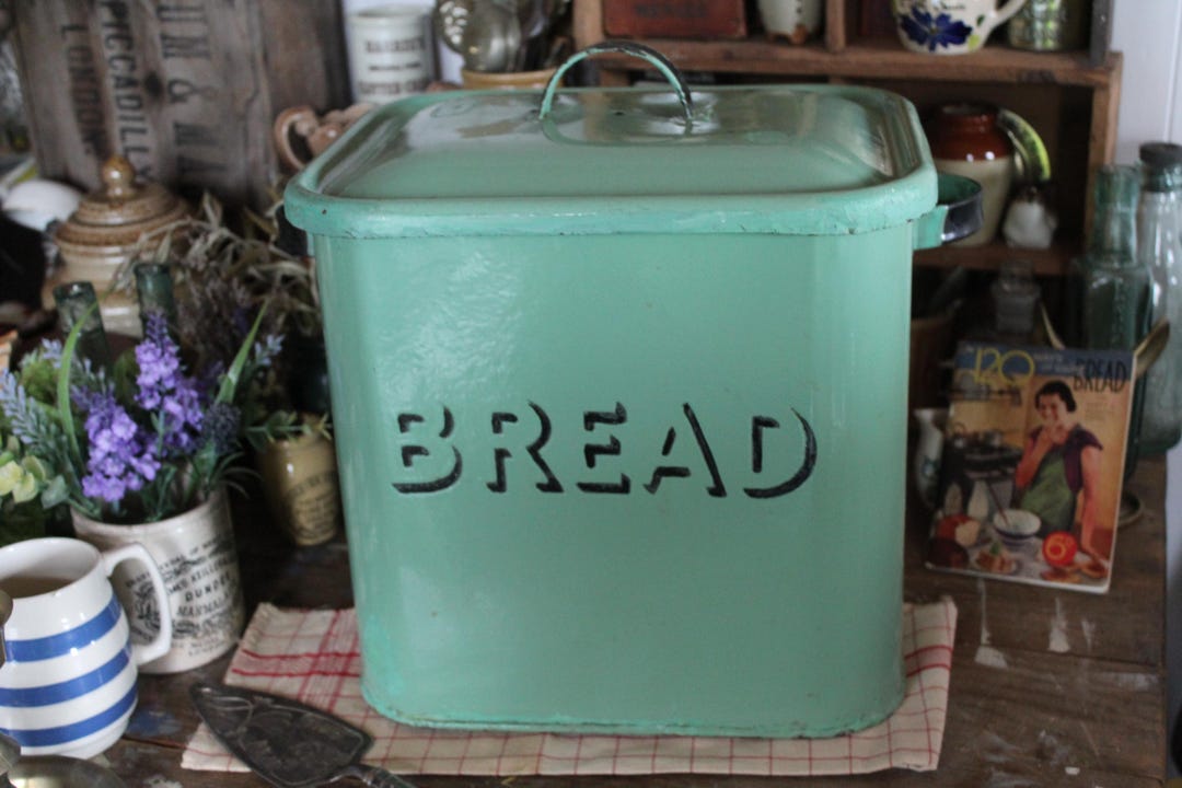 Vintage Enamel Bread Box, Rare Pastel Green Vintage Enamel Bread Box ...