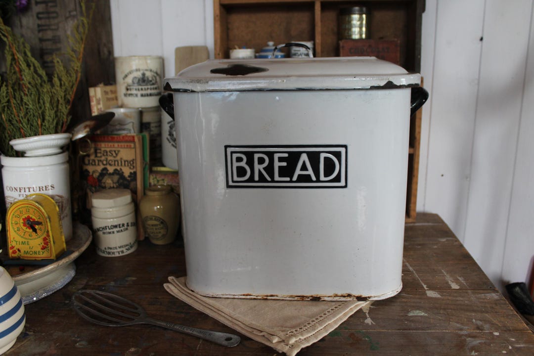 Vintage White Enamel Bread Box: English Kitchen Storage Canister - Etsy