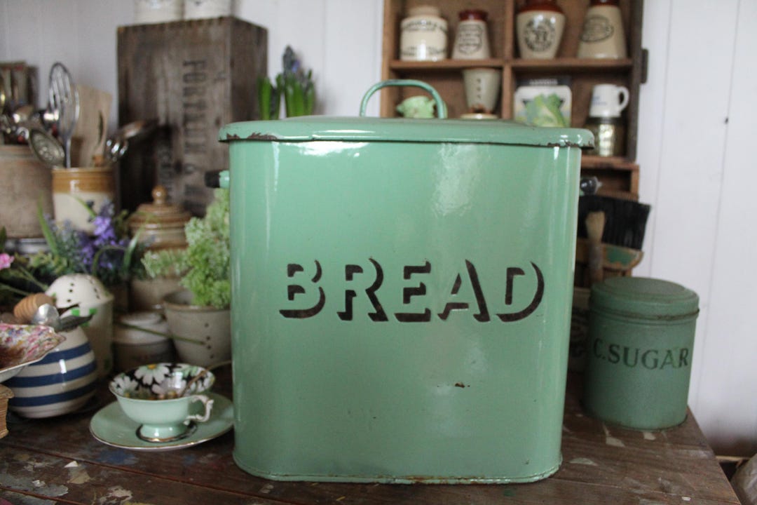 Vintage Enamel Bread Box, Rare Pastel Green Vintage Enamel Bread Box ...