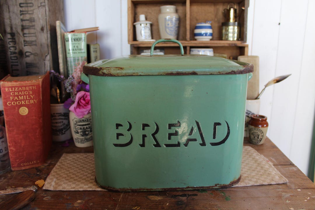 Vintage Enamel Bread Box, Rare Pastel Green Vintage Enamel Bread Box ...