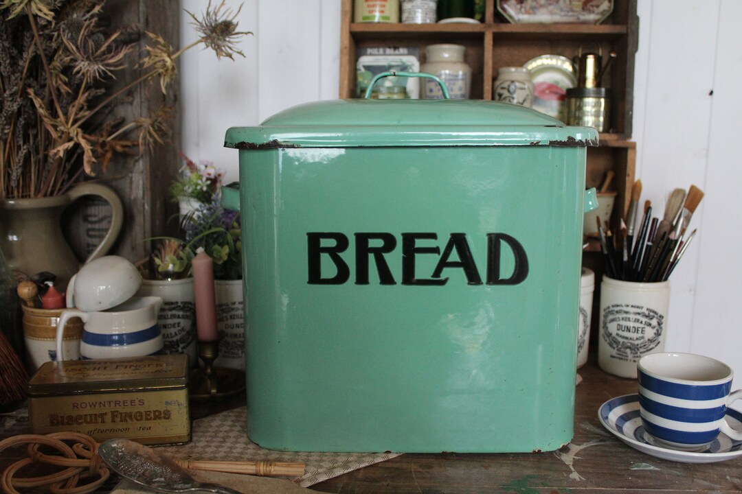 Vintage Enamel Bread Box, Rare Pastel Green Vintage Enamel Bread Box ...