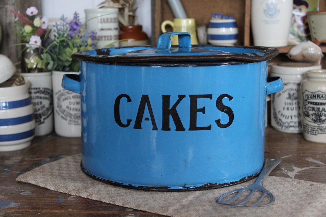 RARE Vintage Cake Tin Blue Enamel Cakes Tin Original Cake Tin English ...