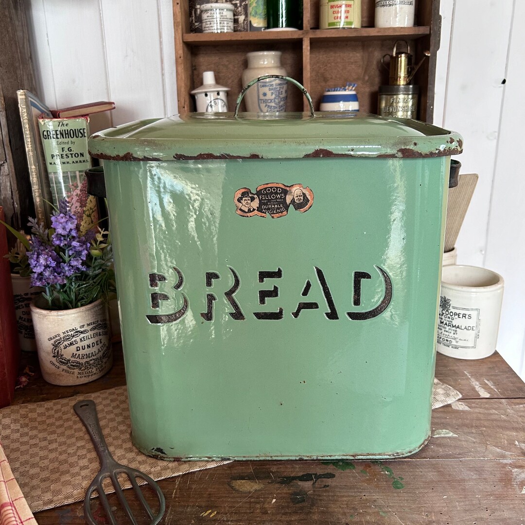 Vintage Enamel Bread Box, Rare Pastel Green Vintage Enamel Bread Box ...