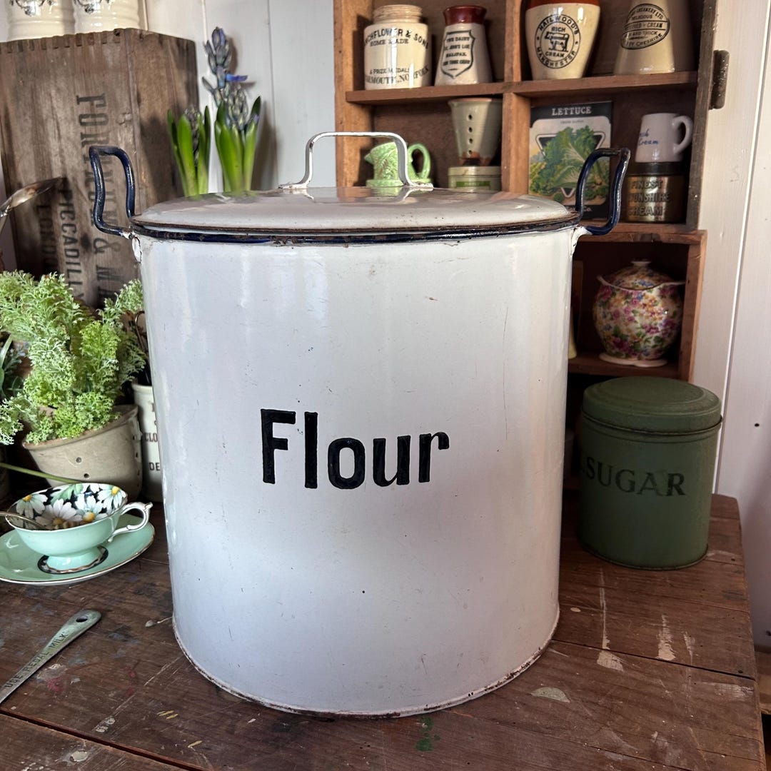 XL White Vintage Enamel Flour Bin, Flour Box, Enamel Flour Bin, English ...