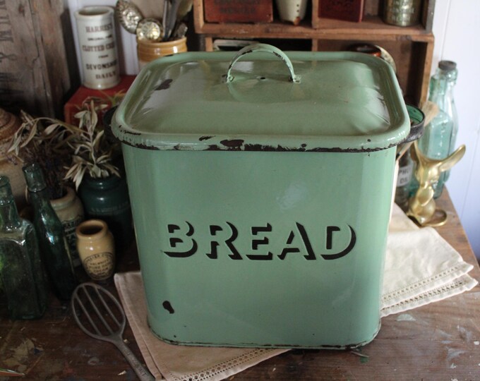 Vintage Enamel Bread Box, Rare Pastel Green Vintage Enamel Bread Box ...