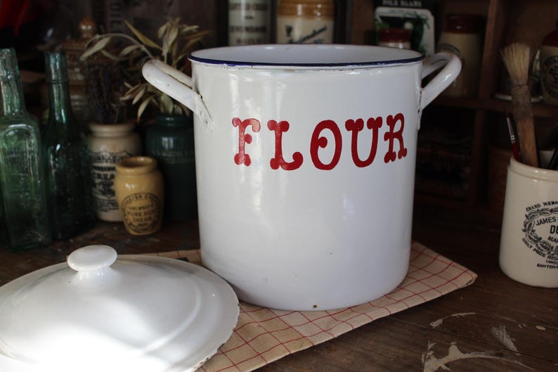 Vintage White Enamel Flour Bin: English Kitchen Canister - Etsy