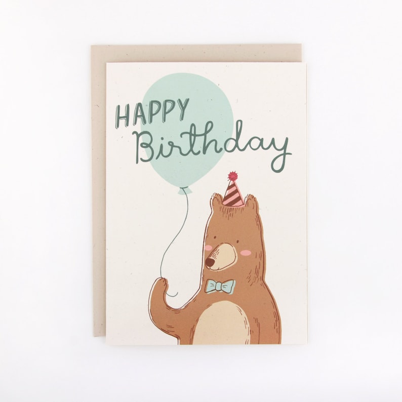 Happy Birthday Bear With Balloon Card - Etsy