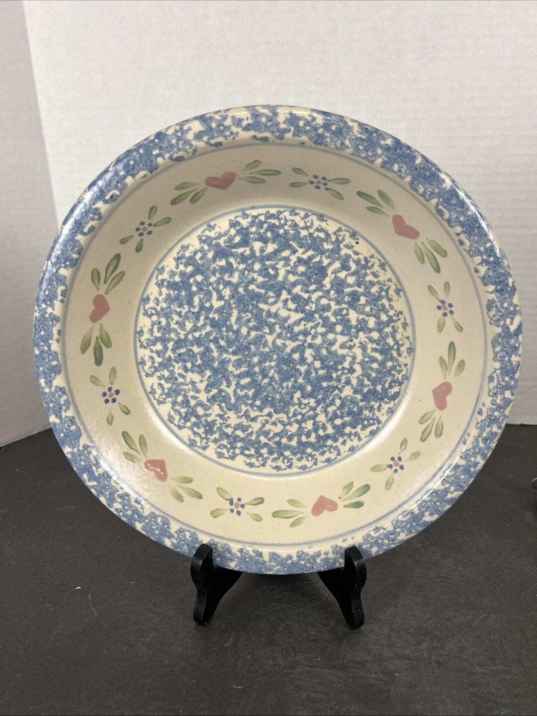 Vintage East Texas Blue Spongeware Design W/ Pink Hearts Pie Plate 11 ...