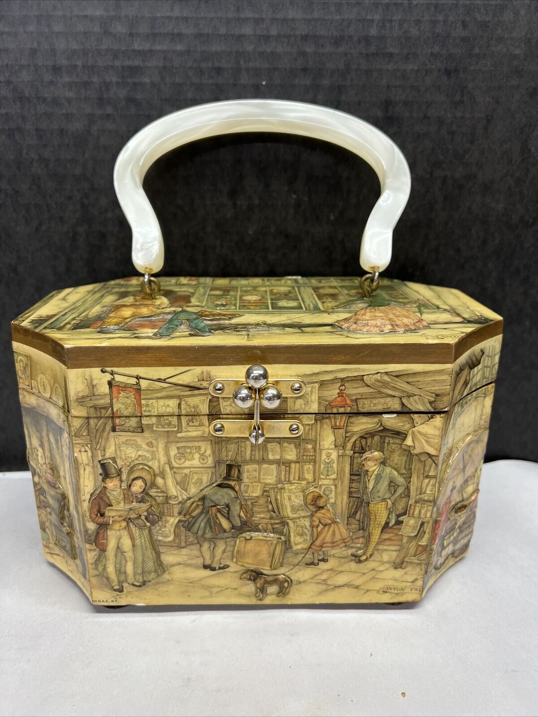 Vtg Wooden Box Purse Anton Pieck Victorian Outdoor Market Scene Lucite ...