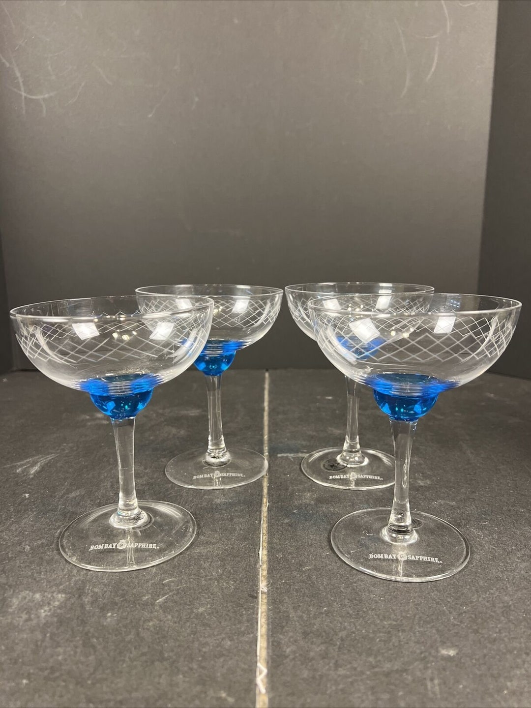 4 Bombay Sapphire Sphere Glasses Hand Blown Etched Cut Champagne Unused ...