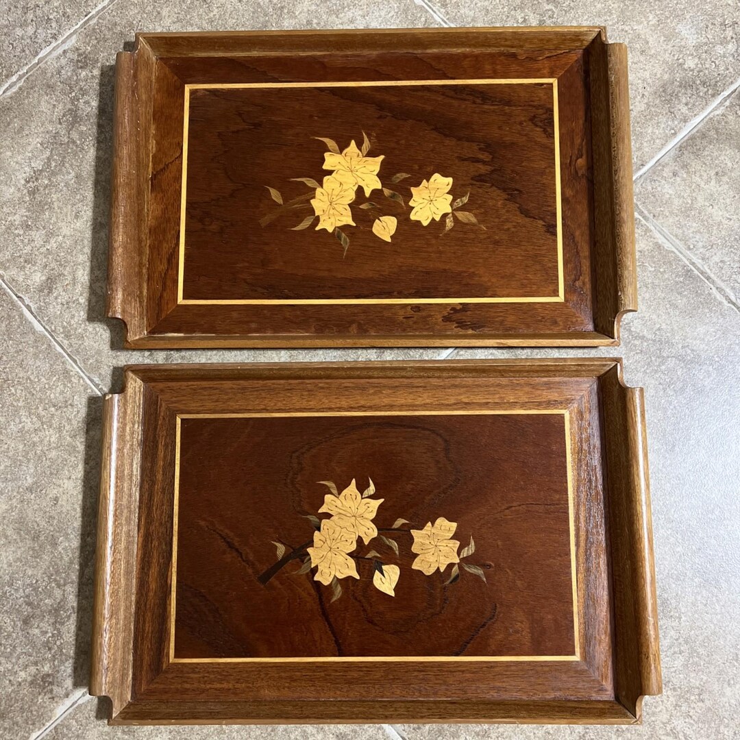 Vintage Pair Wooden Inlay Trays 19” X 12.5” Matching Floral Mixed Wood ...
