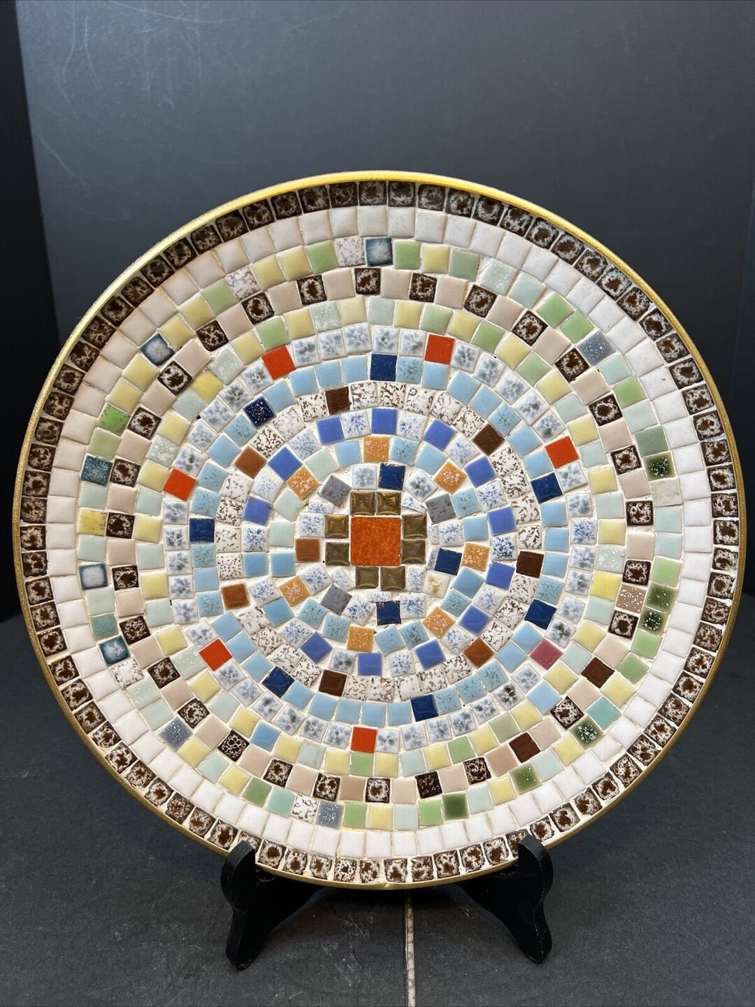 Vtg 11.5 Decorative Mosaic Tile Bowl With Gold Anodized Aluminum Bottom ...