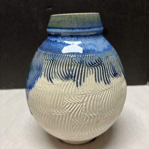 Gene Gandee Signed Pottery Vase Vessel Glazed Blues & Beige 6.5 ...
