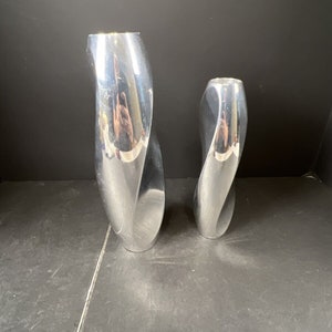 Pair 2001 Nambe Studios Fred Bould Twist Vases # 6228, 6234 8.5” & 10.5 ...