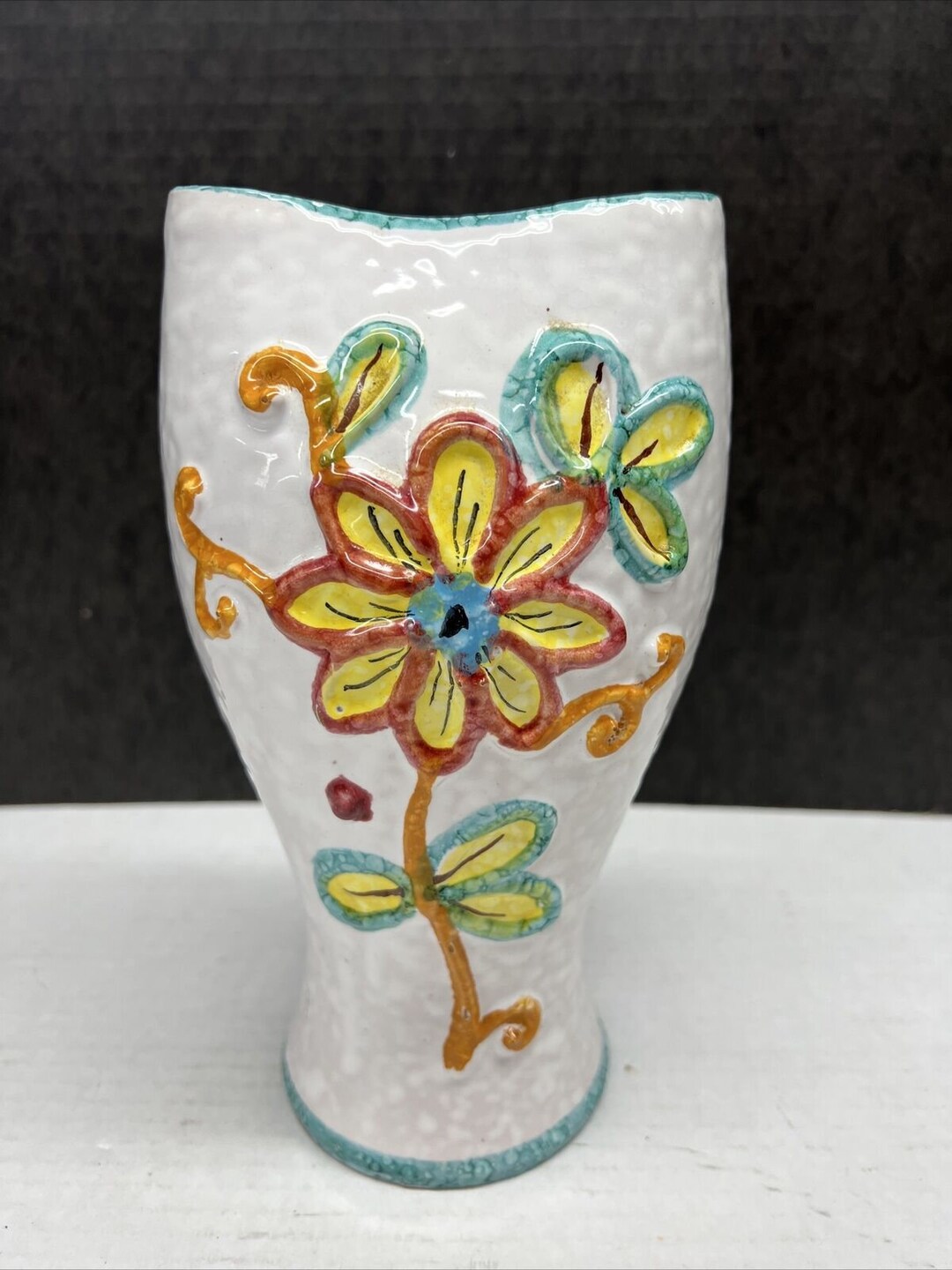Vintage Mcm Artisan Italian Pottery Vase Guildcraft Italy Raised Floral ...