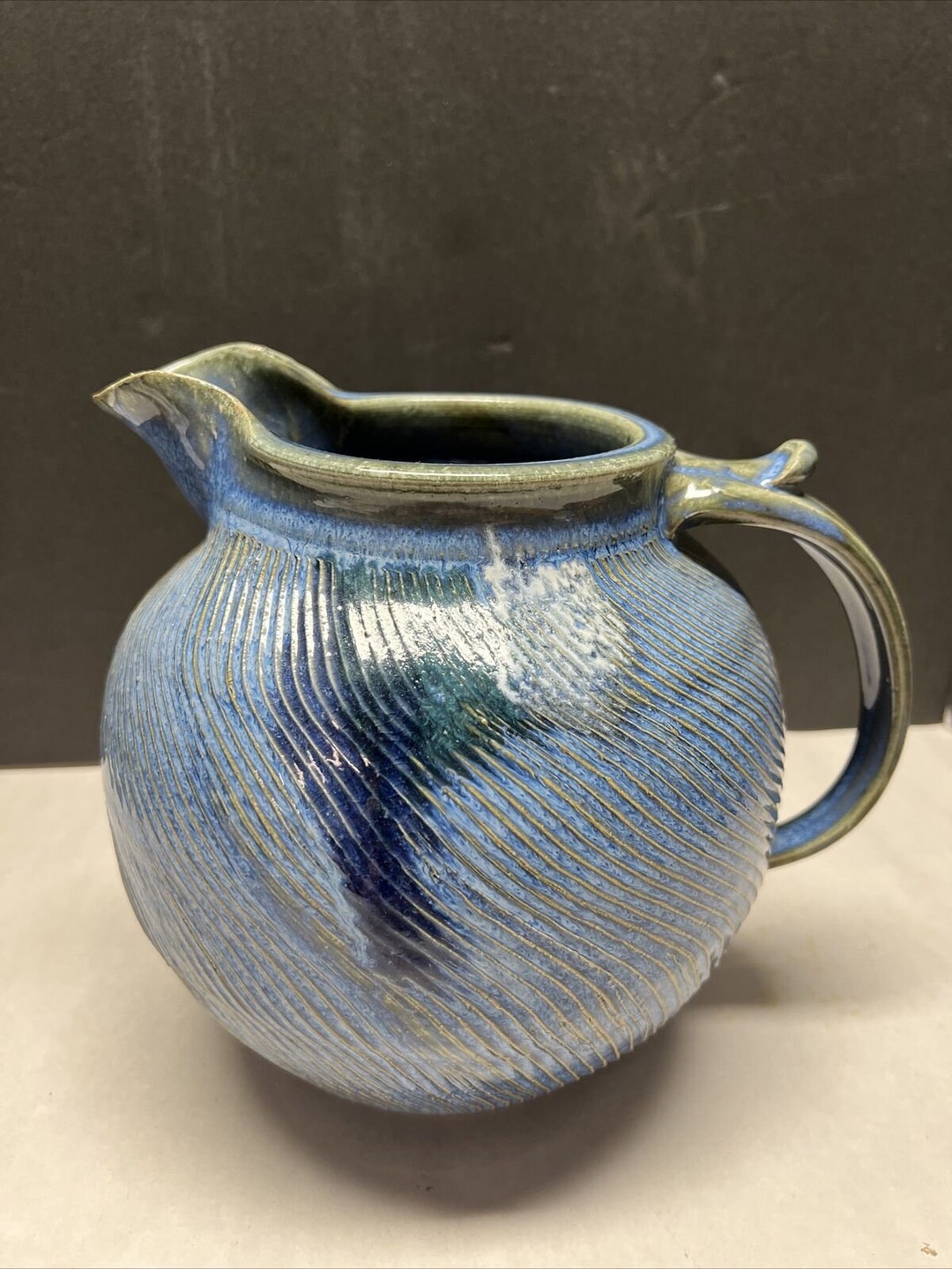 Gene Gandee Signed Pottery Ball Pitcher Glazed Blues & Beige Vintage ...