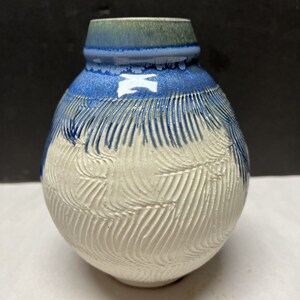 Gene Gandee Signed Pottery Vase Vessel Glazed Blues & Beige 6.5 ...