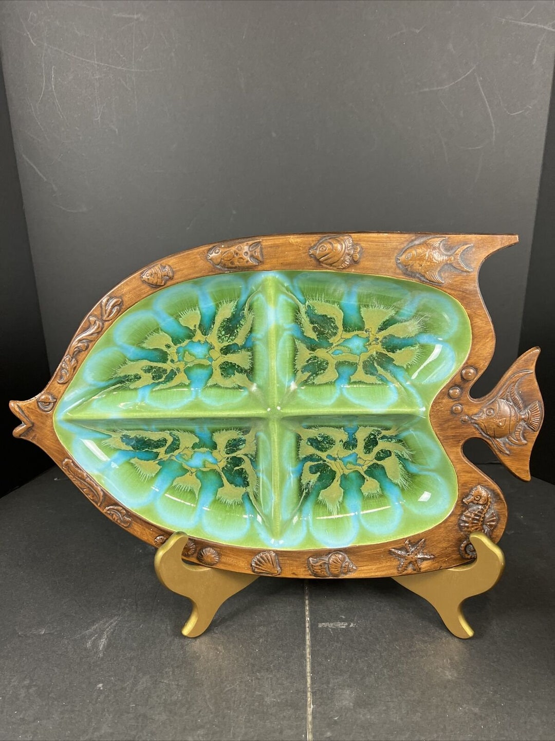 Vtg Treasure Craft Fish Serving Platter Divided 390 Tiki Green Usa 17 ...