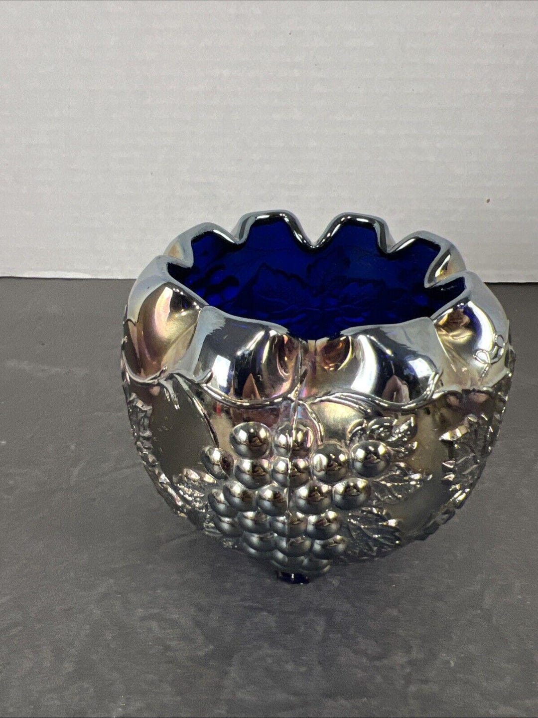 Antique Dugan Blue Carnival Glass Rose Bowl Grape & Leaf Design Art ...