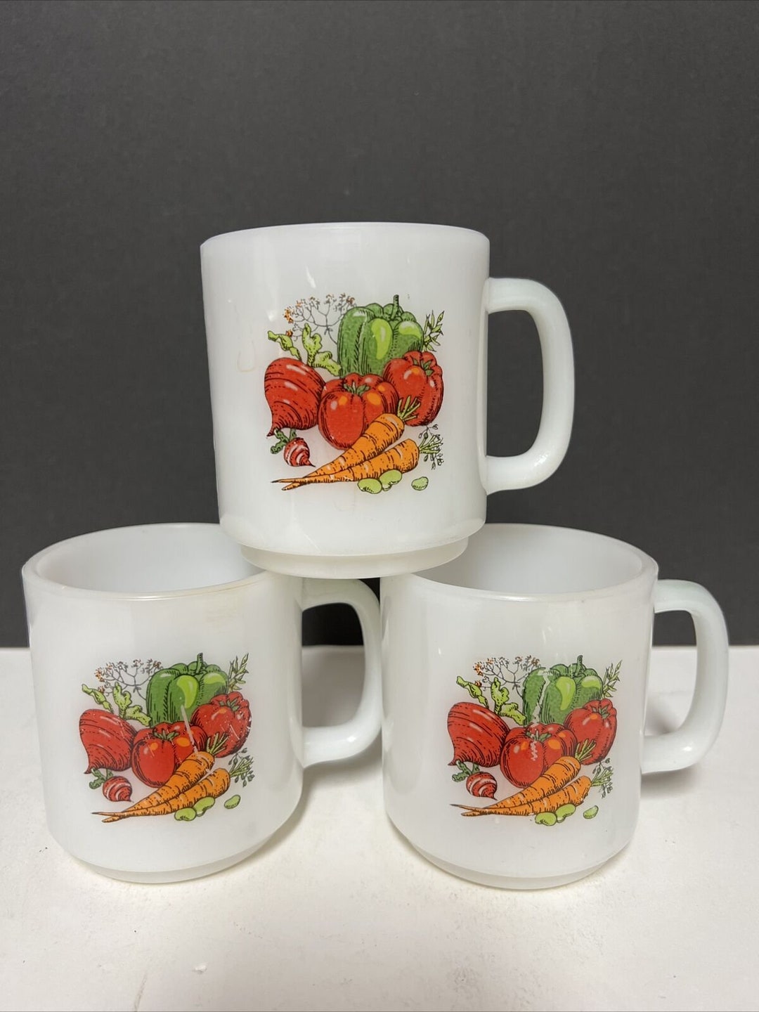Glasbake Vintage Milk Glass Mugs, Set of 3 , Vegetable Garden Pattern 8 ...