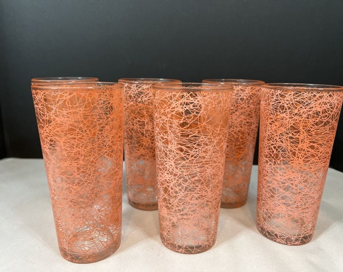 6 Vintage Pink Peach Spaghetti String Retro Highball Glass Tumblers 6.5 ...