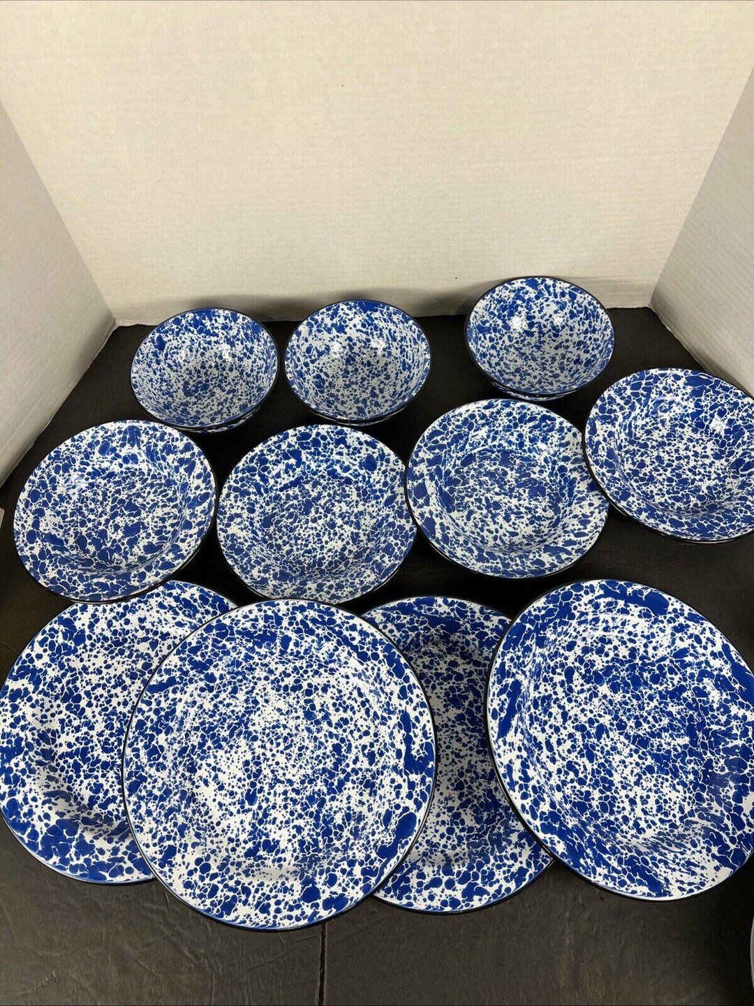 Vtg Cgs Blue Splatter Enamelware 11pc Bowls Plates Nice Quality Enamel ...