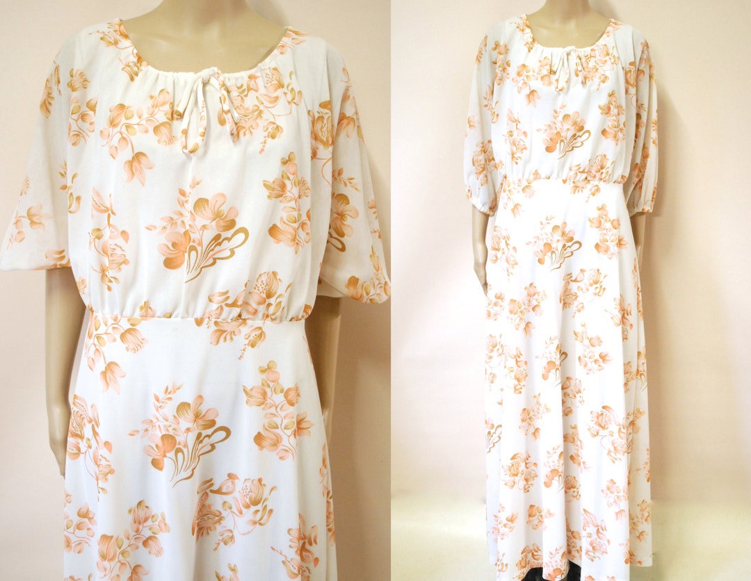 70s Vintage Floral Print Osti Dress, Brand Label Collectable White Maxi ...
