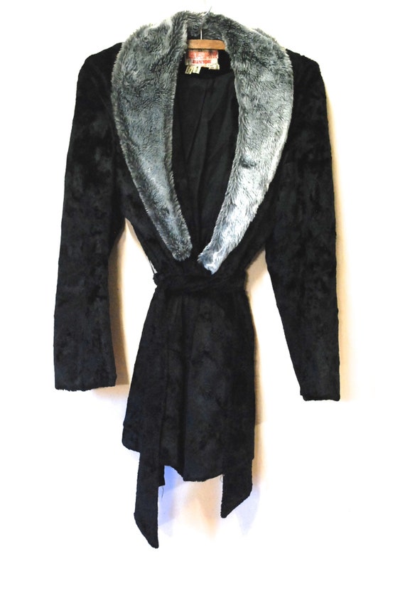 70s Black Velvet Penny Lane Coat, Vintage Grey Faux F… - Gem
