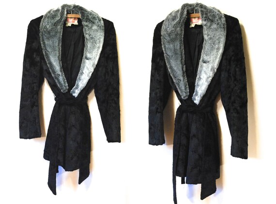 70s Black Velvet Penny Lane Coat, Vintage Grey Faux F… - Gem