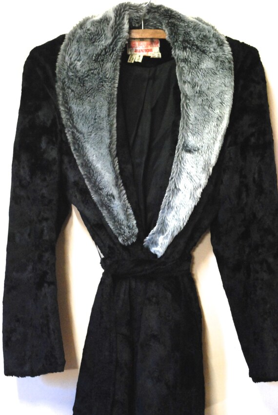 70s Black Velvet Penny Lane Coat, Vintage Grey Faux F… - Gem