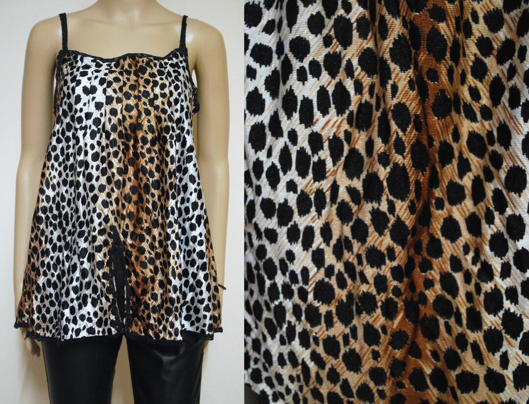 90s Vintage Satin and Lace Animal Print Top, Long Length Camisole ...