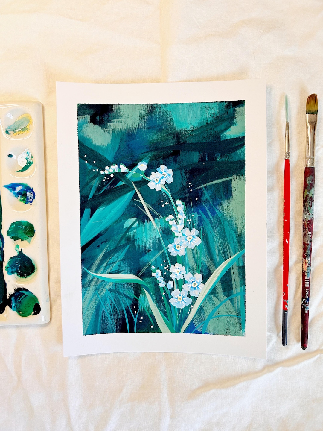 Forget Me Not | ORIGINAL Gouache Landscape Painting, Flower Art, Signed ...