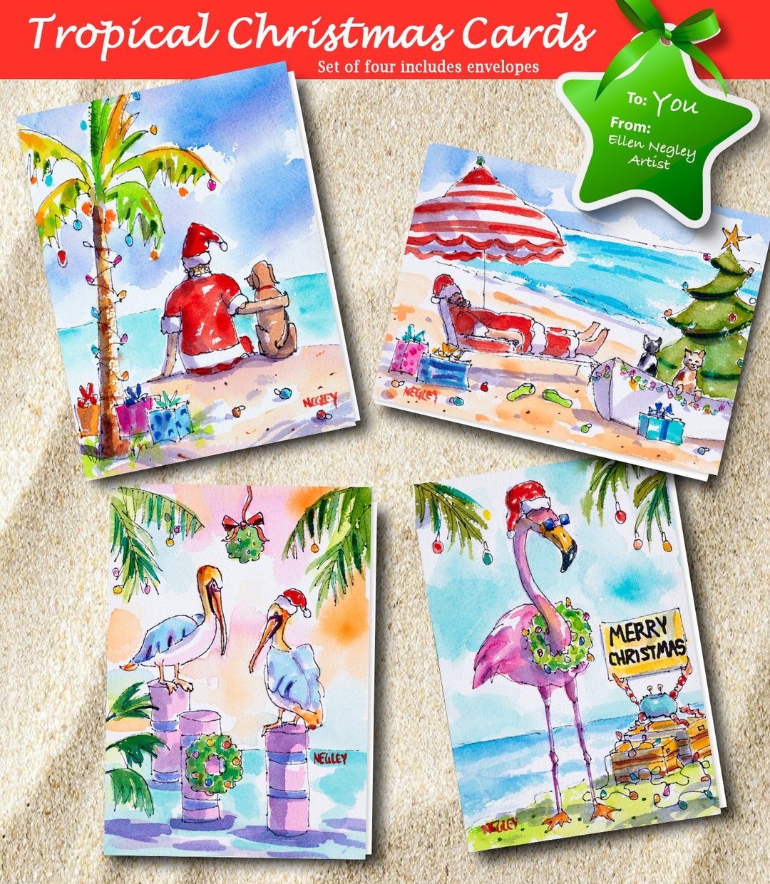 Tropical Christmas Card Set, Dog Christmas Card, Cat Christmas Card ...