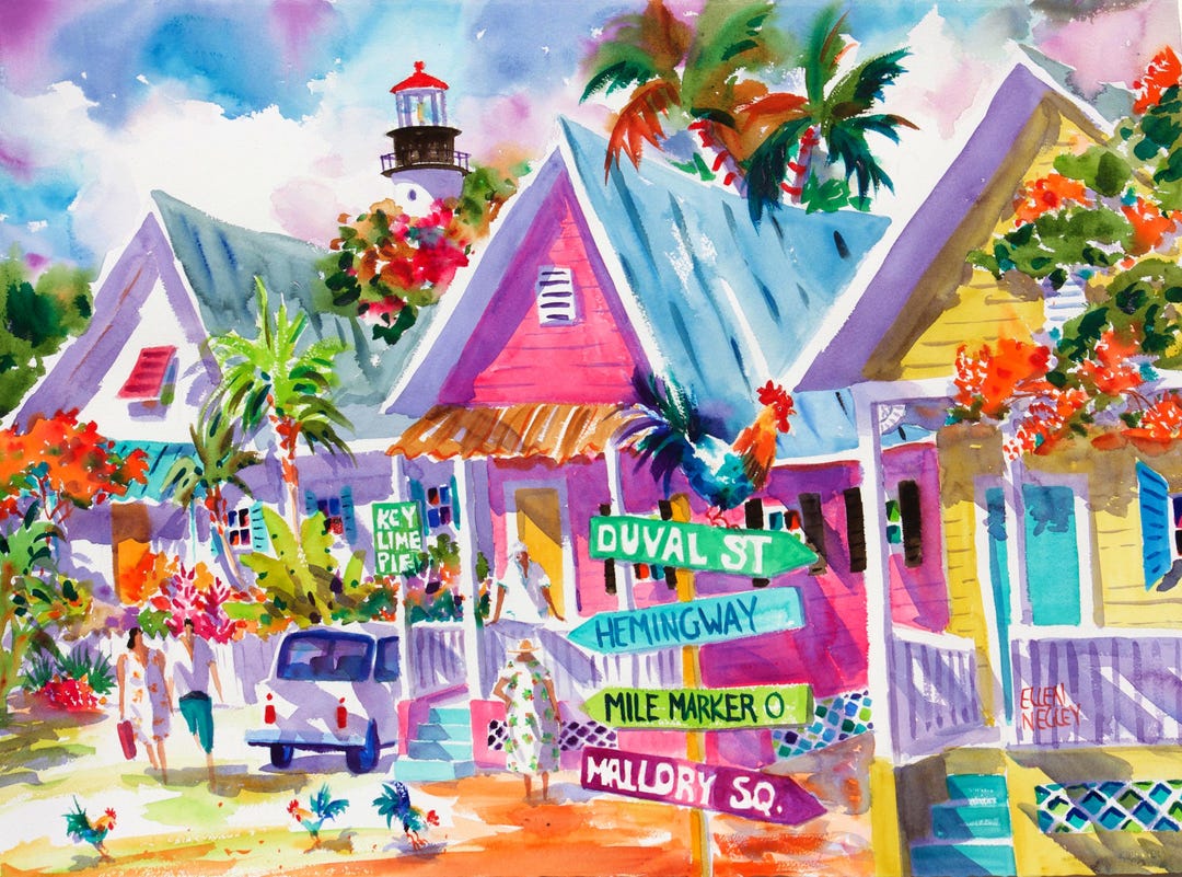 Key West Art Print, Key West Painting, Key West Canvas Art, Hemingway ...