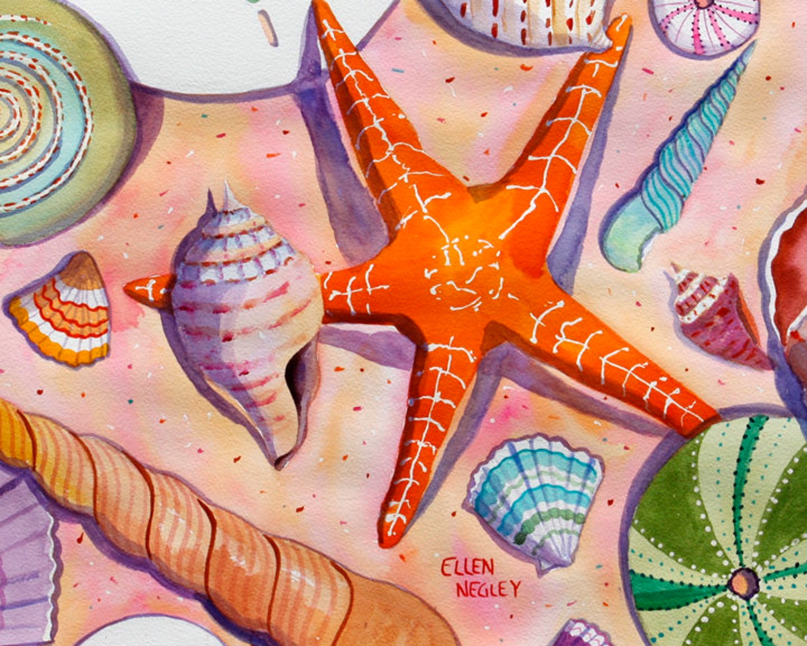 Seashell Print, Starfish Painting, Florida Beach Art, Sand Dollar Print ...