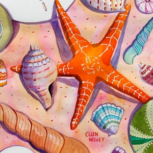 Seashell Print, Starfish Painting, Florida Beach Art, Sand Dollar Print ...