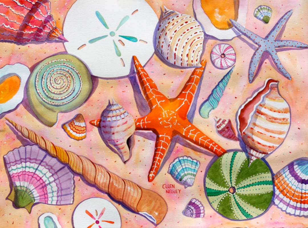 Seashell Print, Starfish Painting, Florida Beach Art, Sand Dollar Print ...