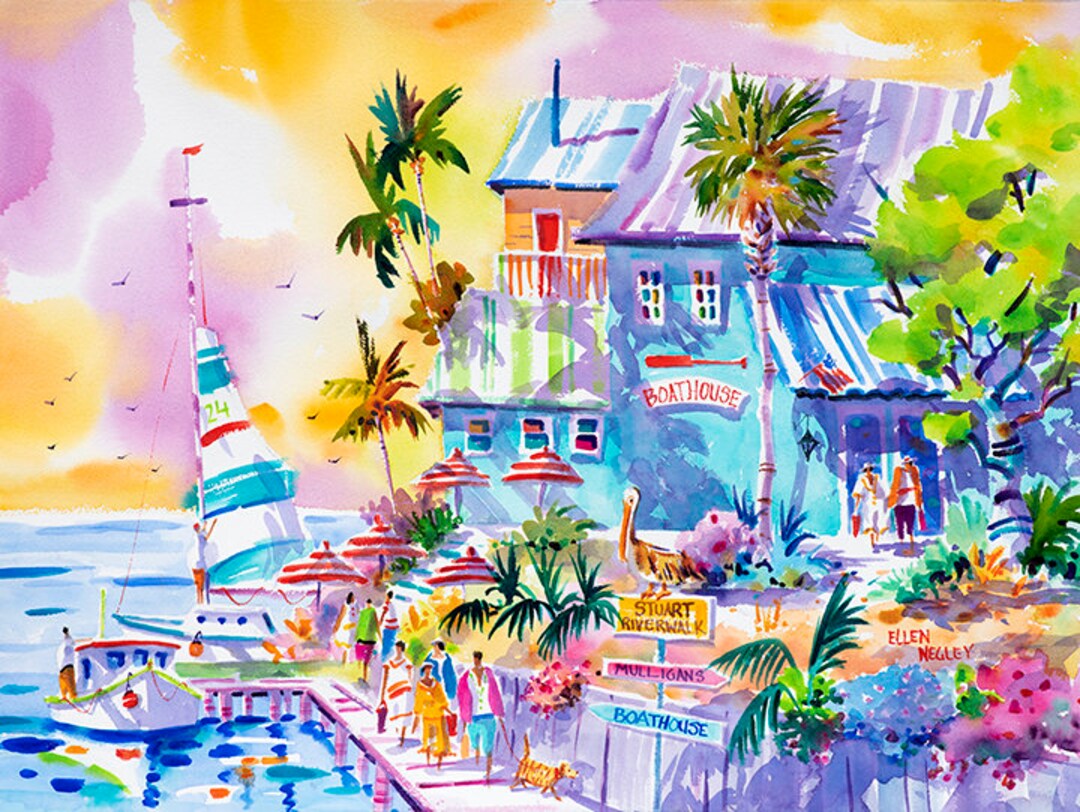 Original Watercolor, Stuart Florida, Stuart Riverwalk, Florida ...