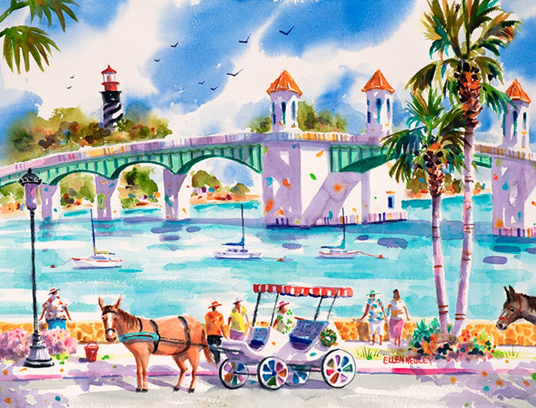 St. Augustine Art, Bridge of Lions, Horse Carriage Art, Florida Art ...