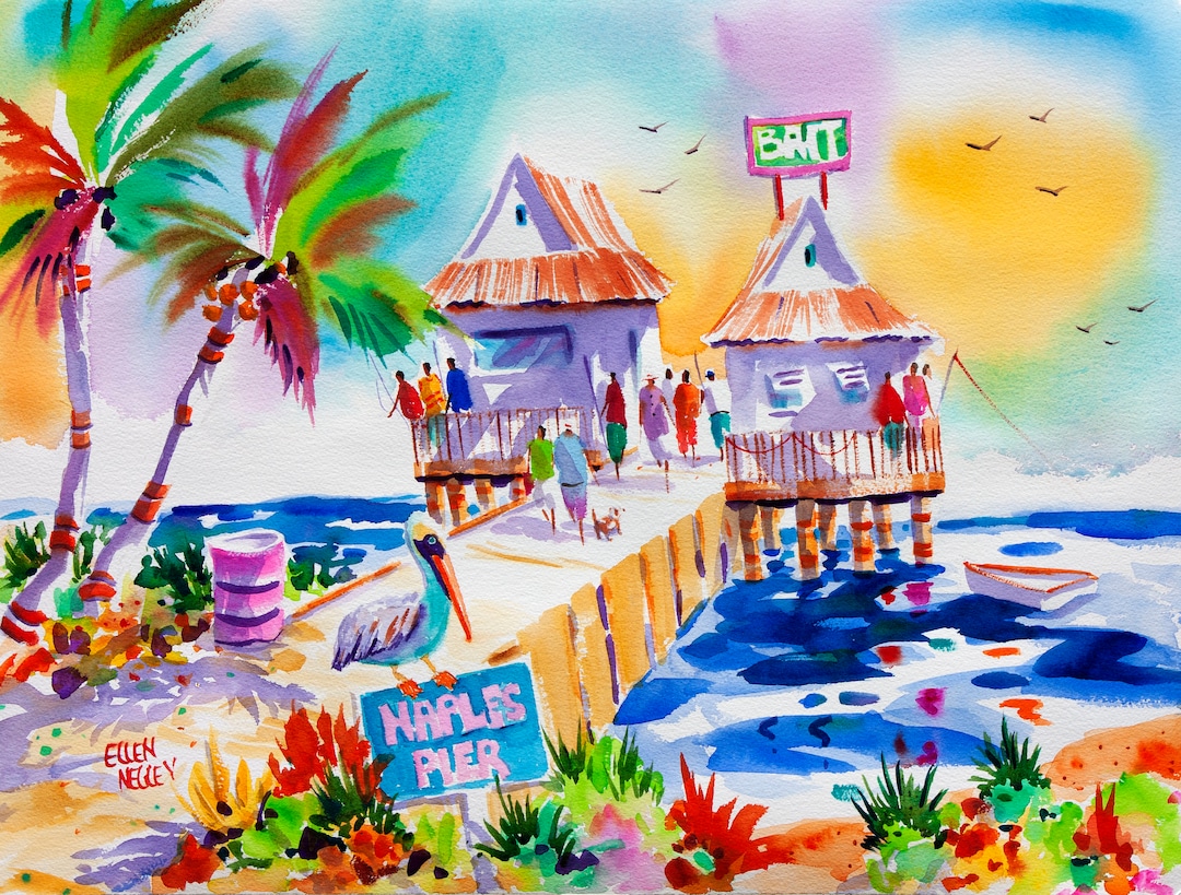 Naples Pier Canvas, Pelican Print, Beach Watercolor, Florida Canvas ...