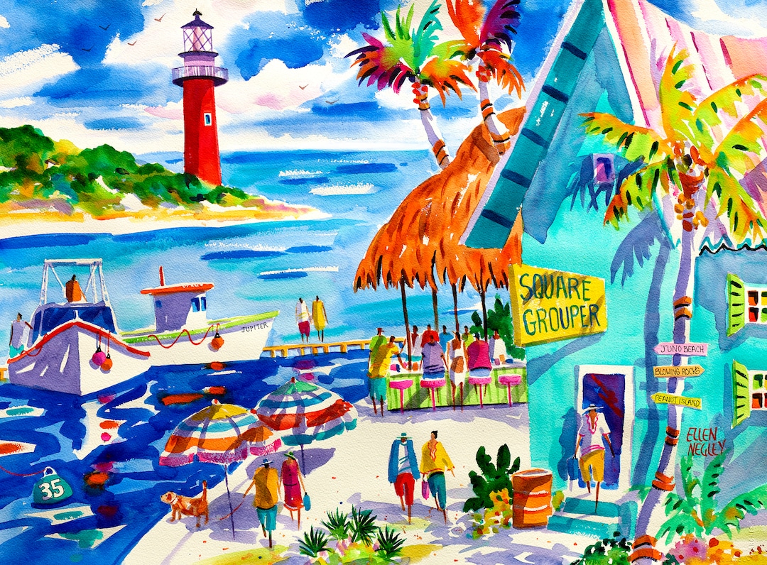 Jupiter Florida Lighthouse Art Print, Square Grouper Bar Art, Tropical ...